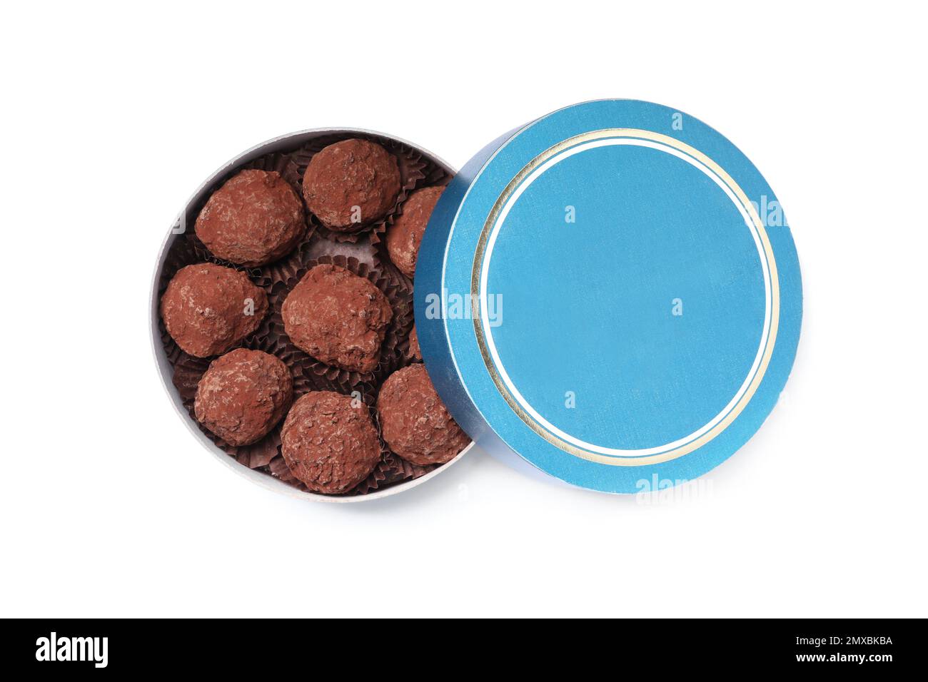 Box with tasty chocolate truffle candies isolated on white, top view ...