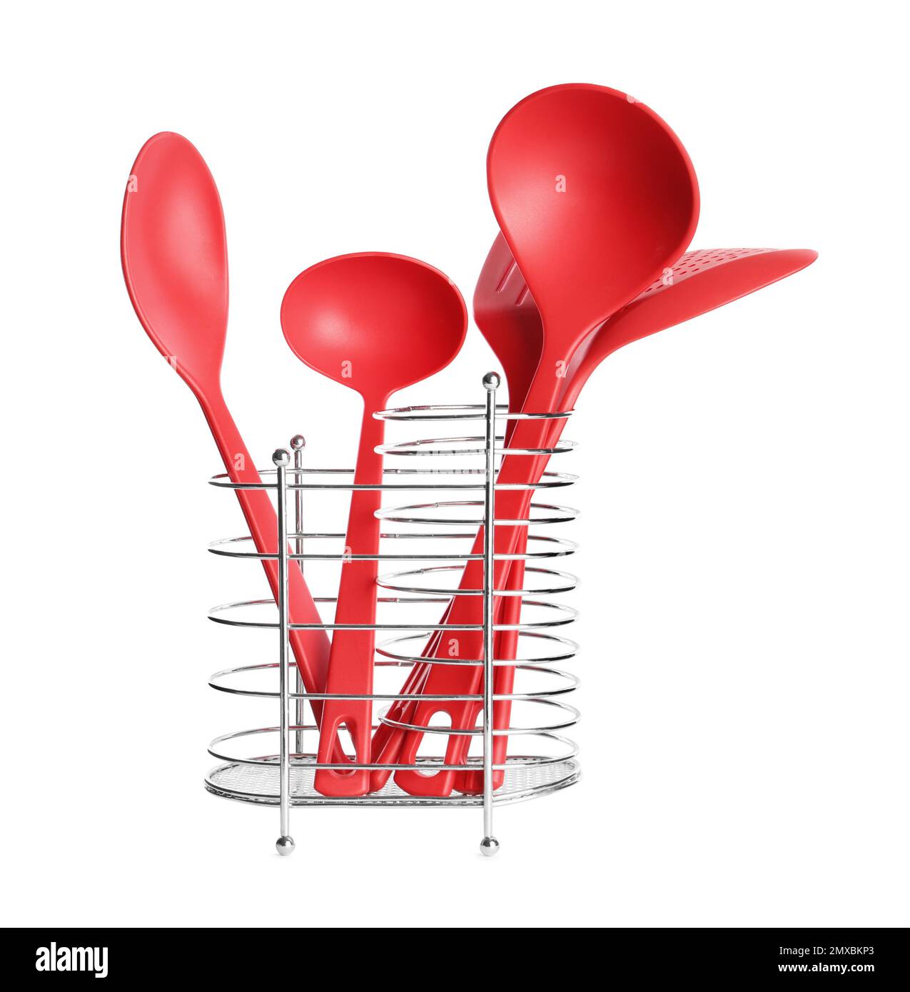 Set of red cooking utensils in holder isolated on white Stock Photo - Alamy