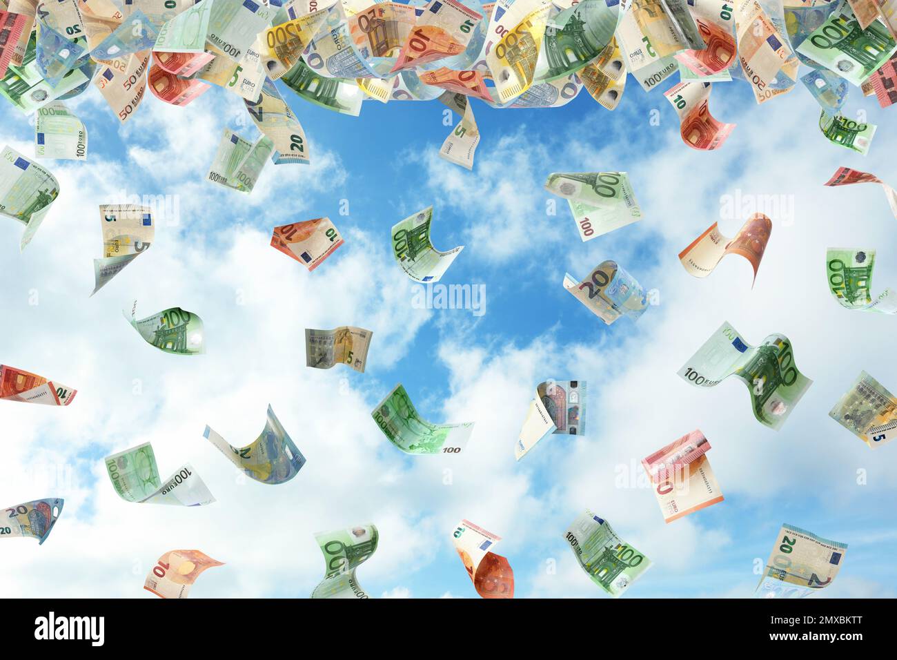Falling Euro banknotes and blue sky on background. Money rain Stock ...
