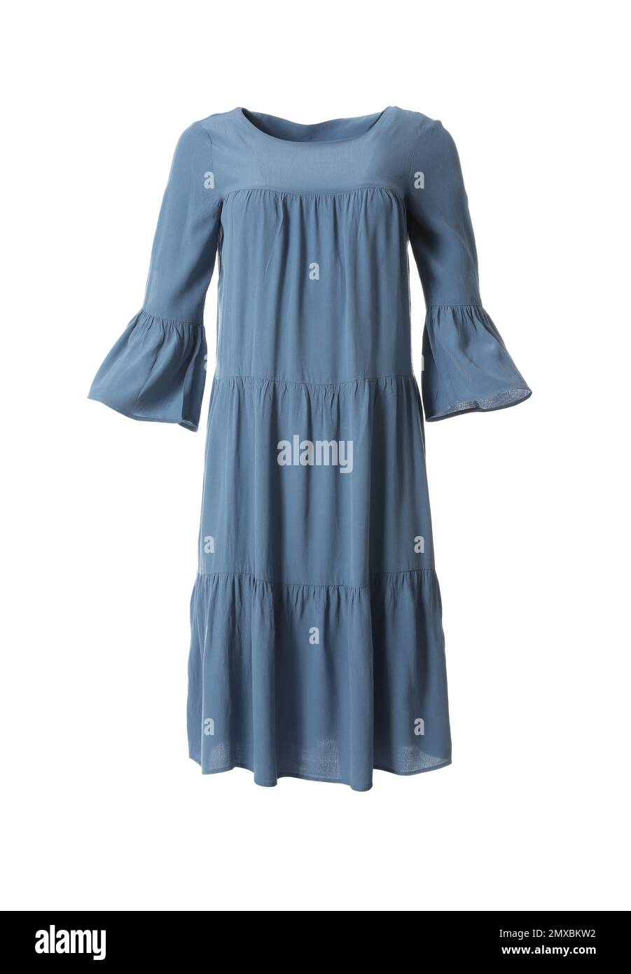 Beautiful blue ruffle dress on white background Stock Photo - Alamy