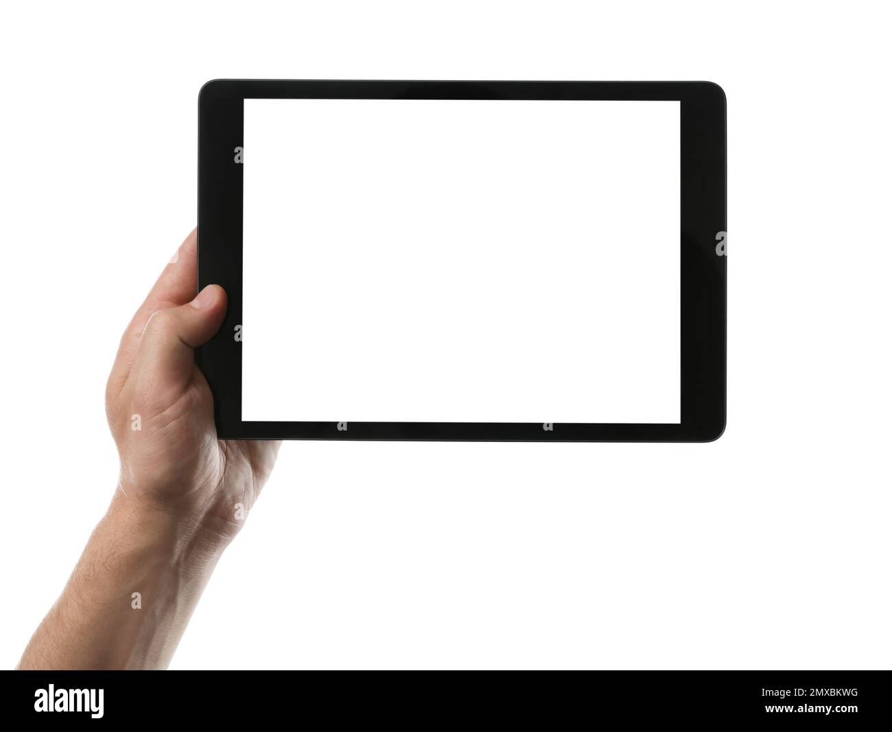 Man holding tablet computer with blank screen on white background ...