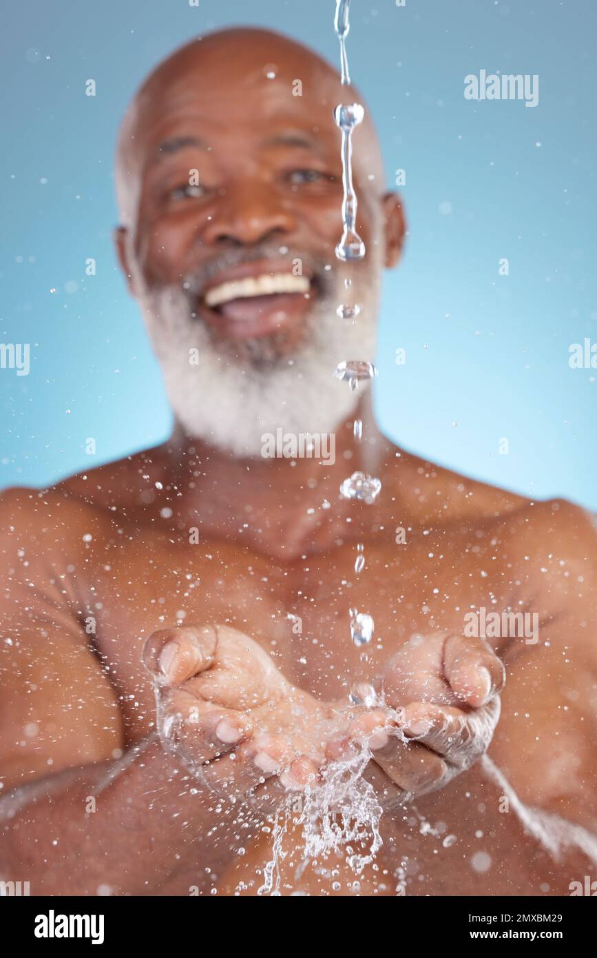 Shower, catching and hands of a black man with water for sustainability ...