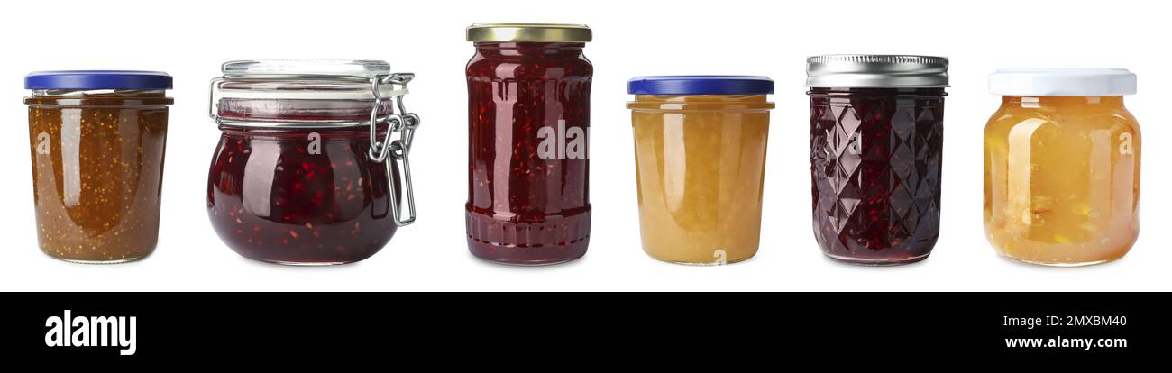 Set of different jars with jams on white background. Banner design ...