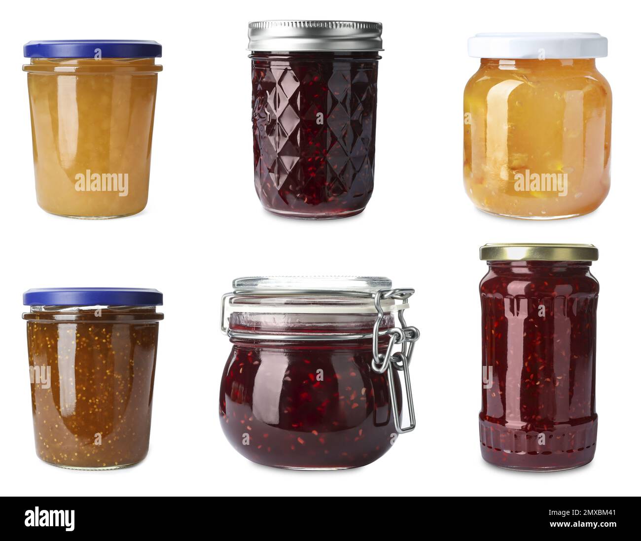 Set of different jars with jams on white background Stock Photo - Alamy