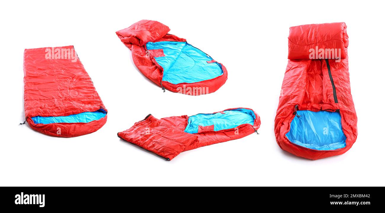 Set of red sleeping bags on white background. Banner design Stock Photo ...