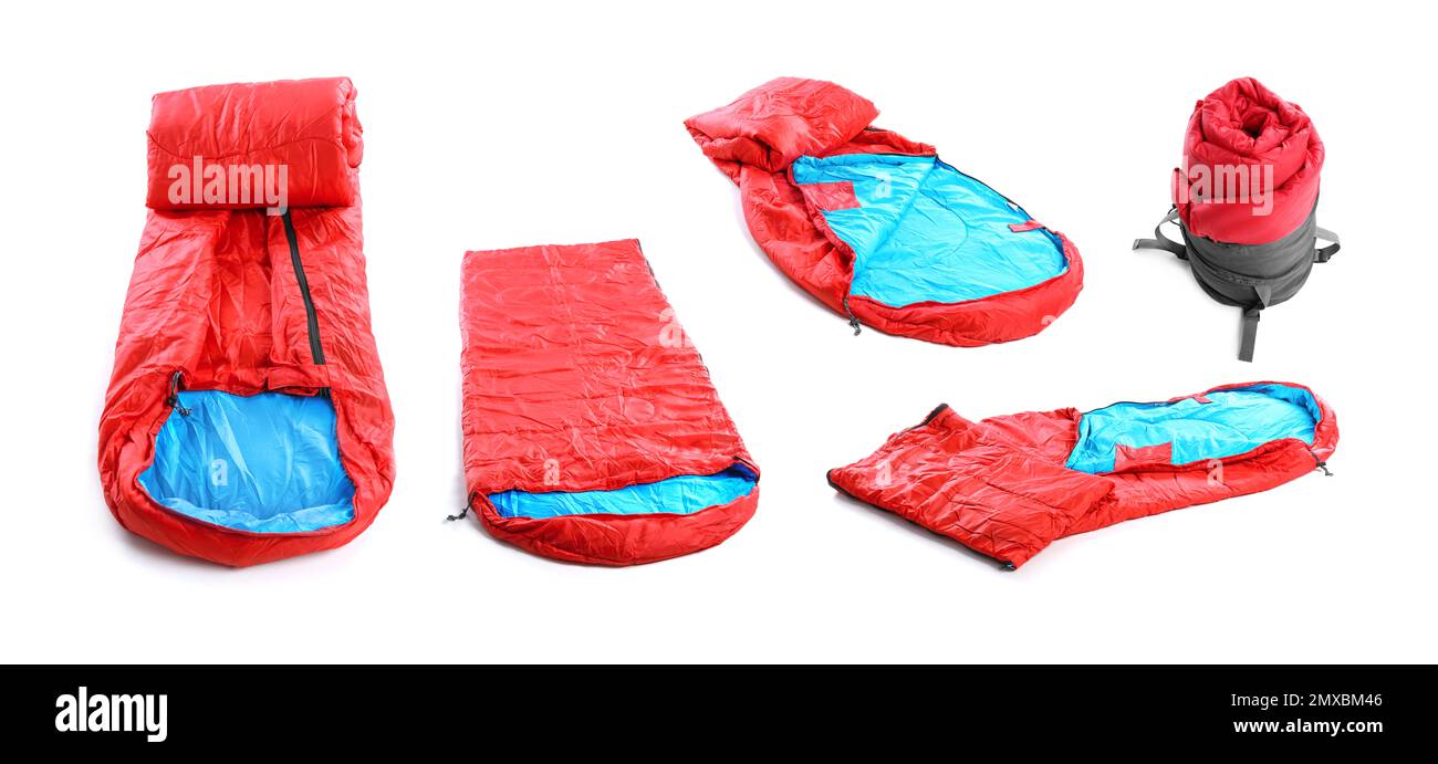 Set of red sleeping bags on white background. Banner design Stock Photo ...