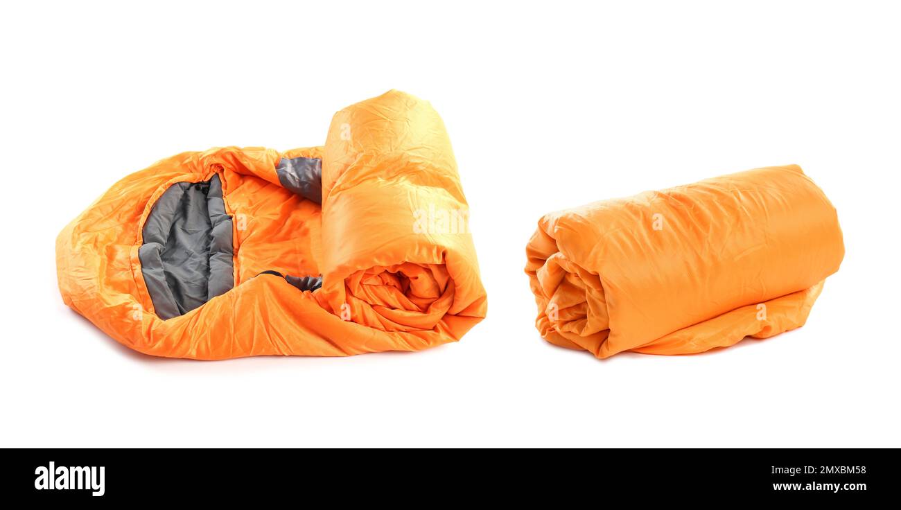 Rolled sleeping bags on white background. Banner design Stock Photo - Alamy