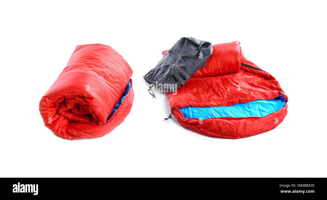 Red sleeping bags on white background. Banner design Stock Photo - Alamy