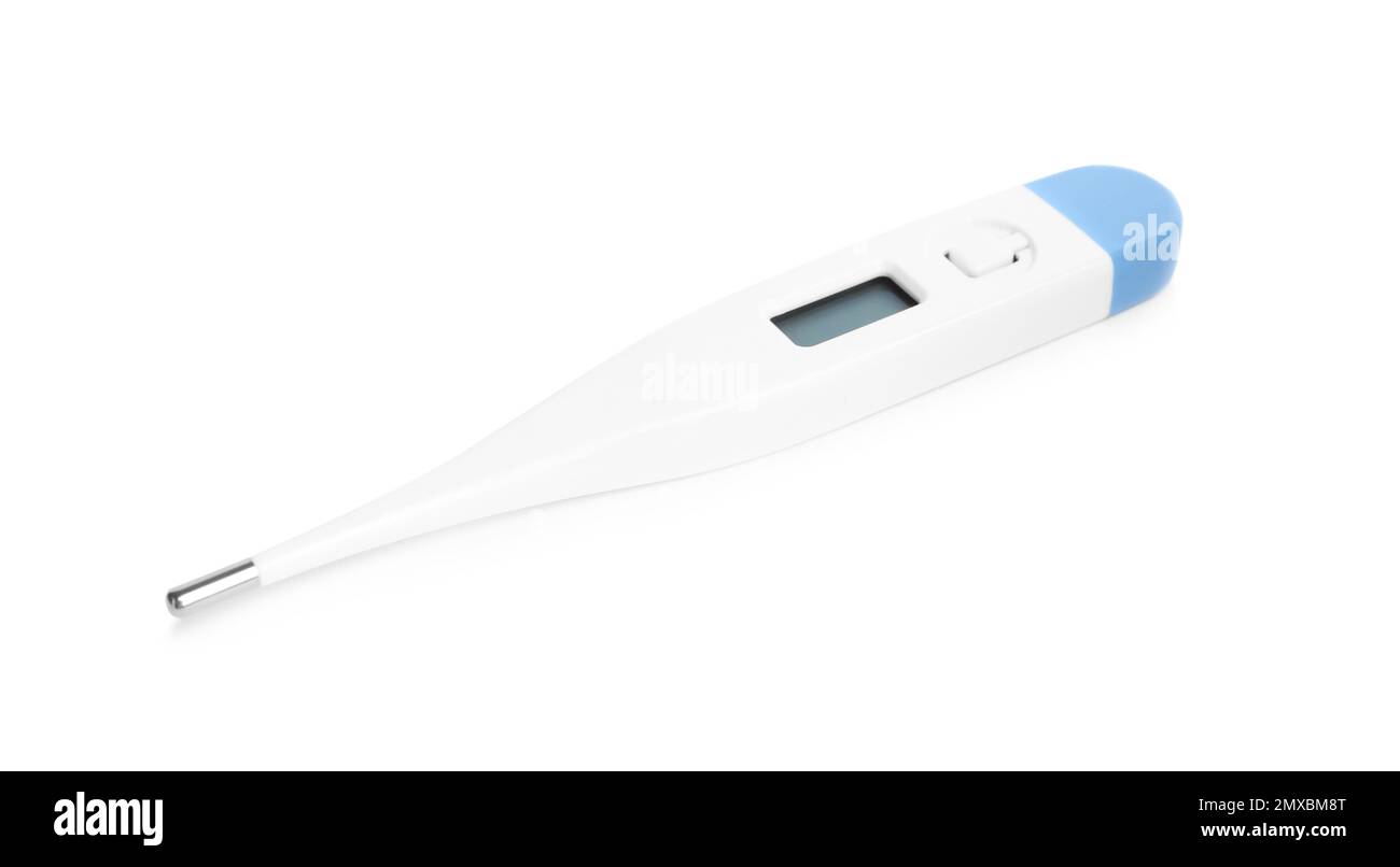 Modern digital thermometer on white background. Measuring temperature ...