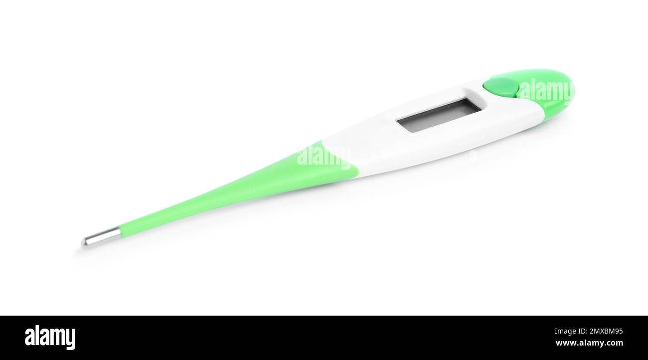 Modern digital thermometer on white background. Measuring temperature ...