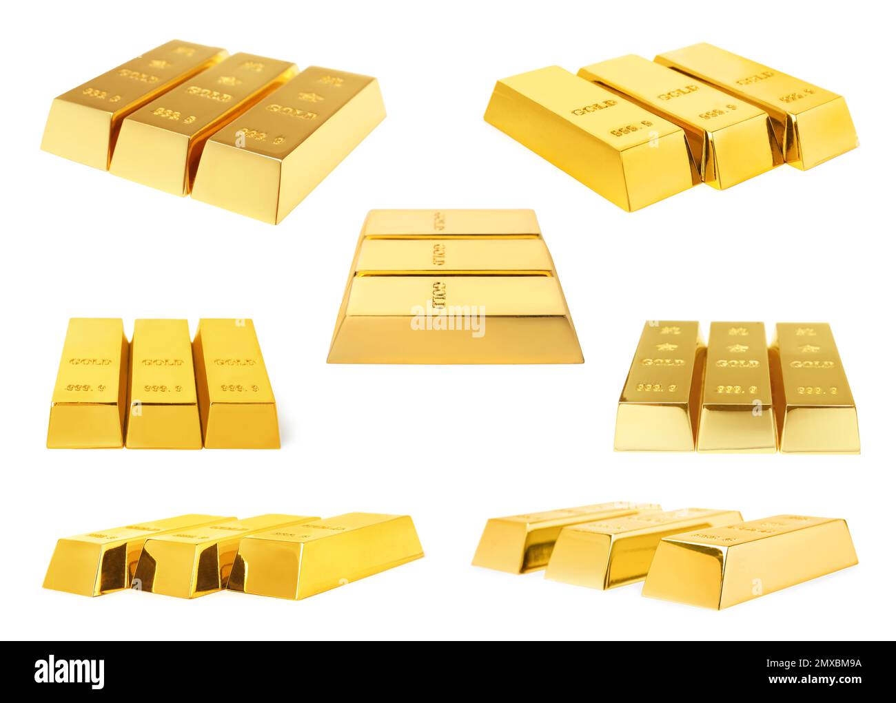Set of shiny gold bars on white background Stock Photo - Alamy