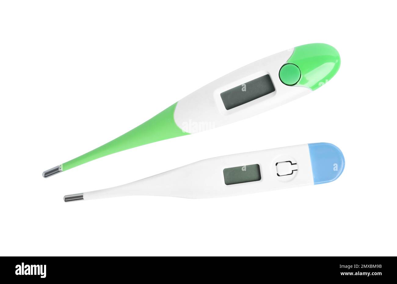 Modern digital thermometers on white background, top view Stock Photo ...