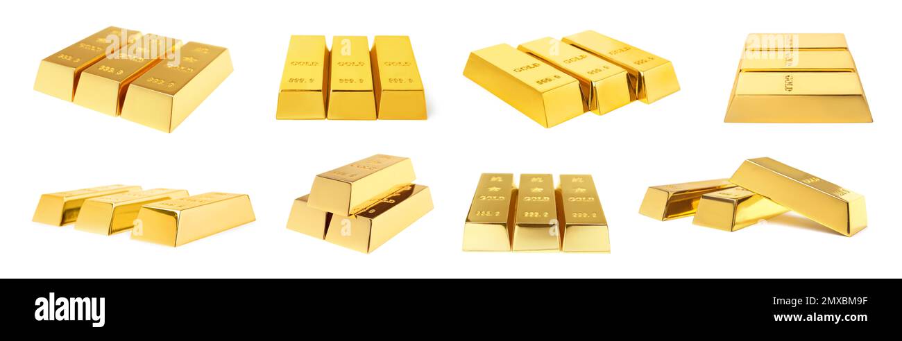 Set of shiny gold bars on white background. Banner design Stock Photo ...