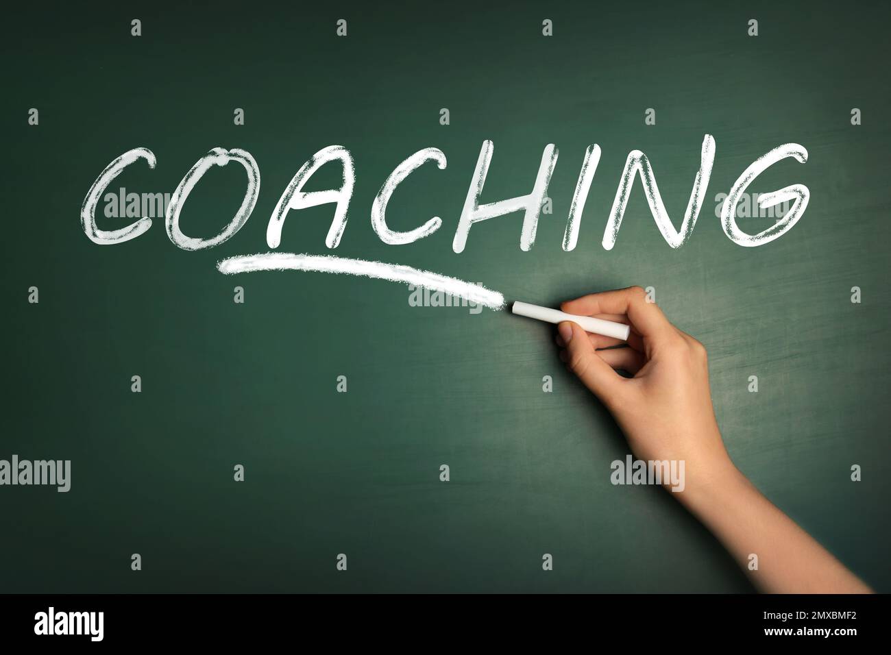 Adult learning. Woman writing word COACHING on green chalkboard ...