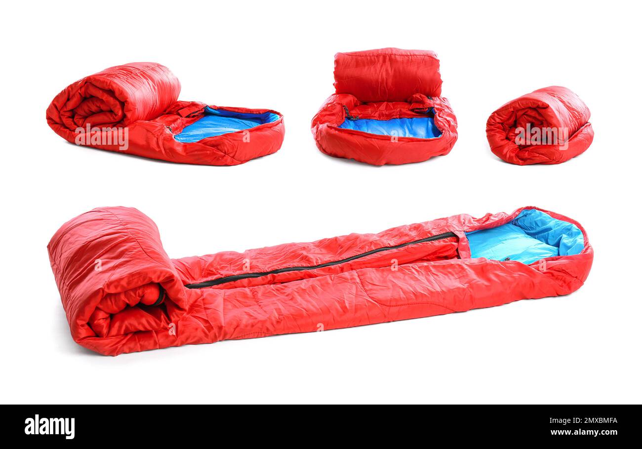Set of red sleeping bags on white background Stock Photo - Alamy