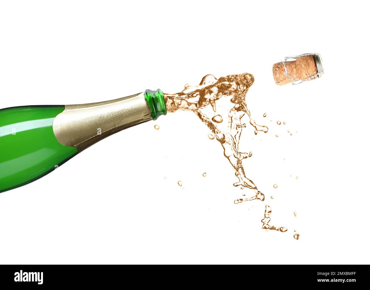 Champagne splashing out of bottle on white background Stock Photo - Alamy