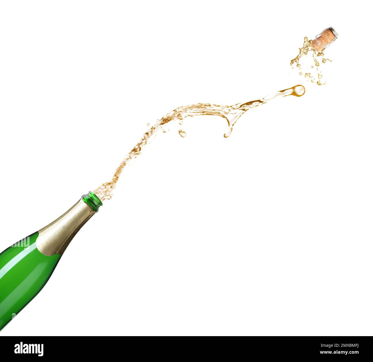 Champagne splashing out of bottle on white background Stock Photo - Alamy