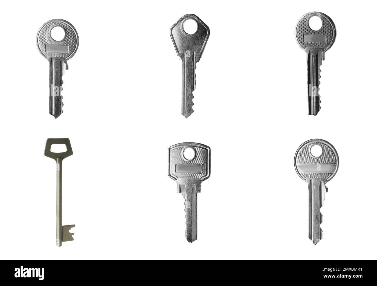 Set of modern steel keys on white background Stock Photo - Alamy