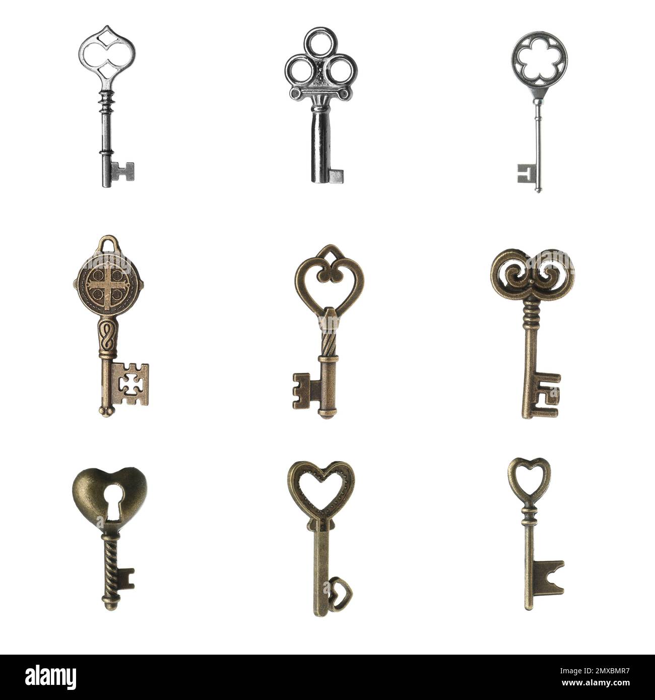 Set of different ornate keys on white background Stock Photo - Alamy