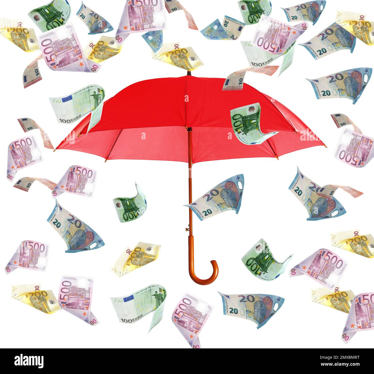 Falling Euro banknotes and red umbrella on white background. Money rain ...