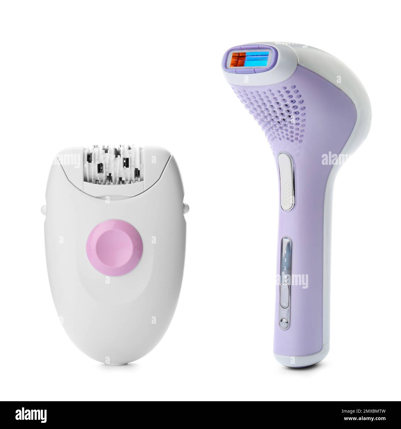 Modern devices for epilation on white background Stock Photo - Alamy