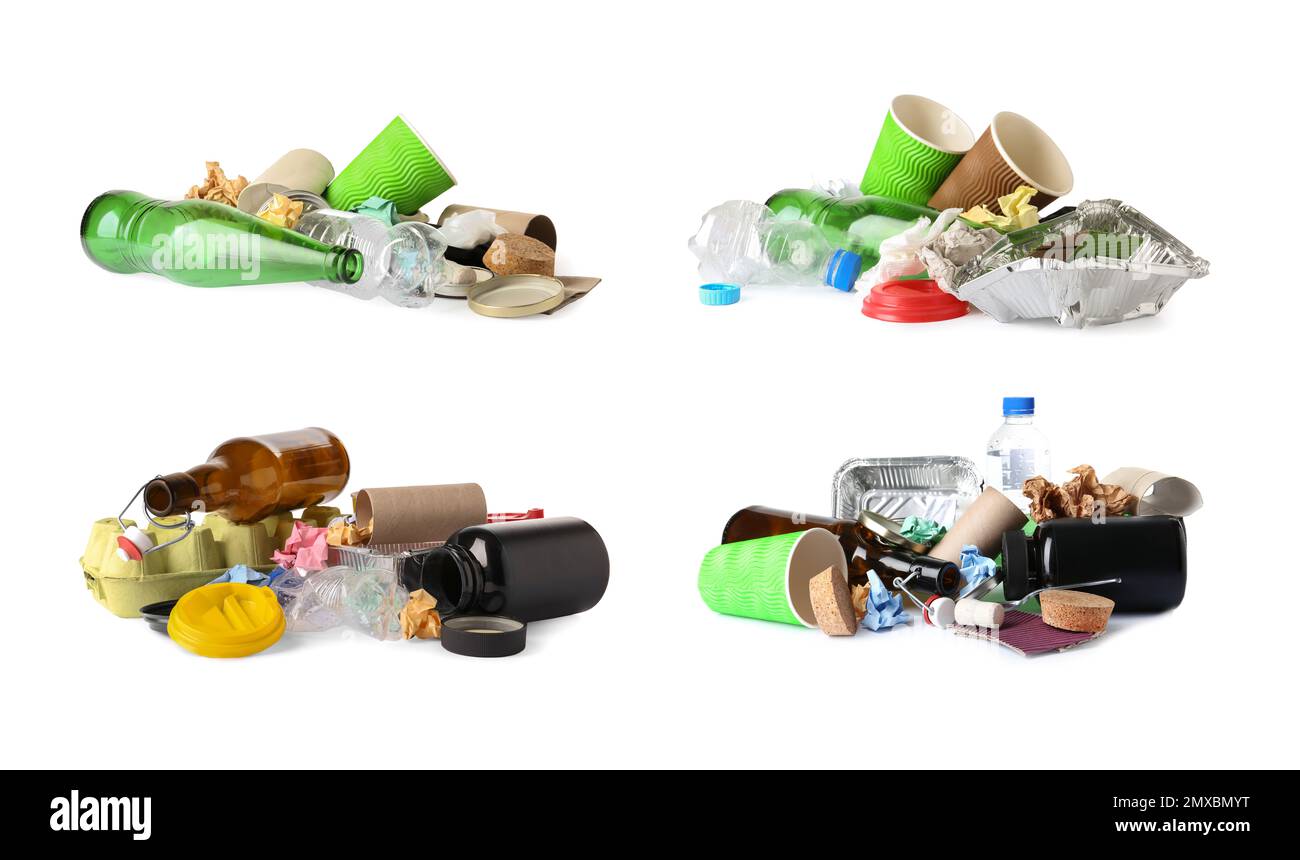 Set of piles with different garbage on white background. Waste ...