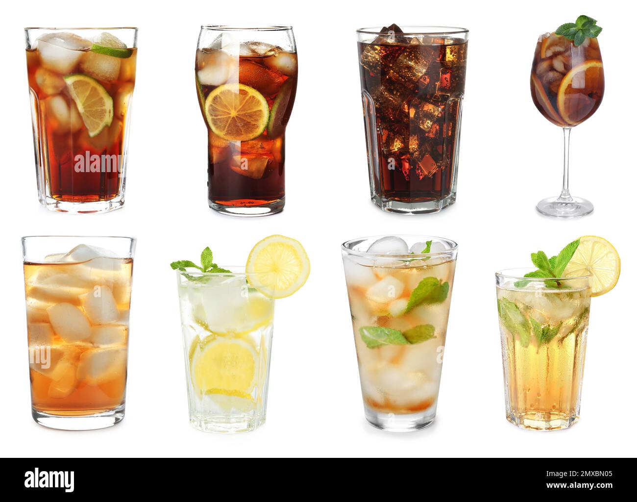 Set of soft and strong refreshing drinks on white background Stock ...