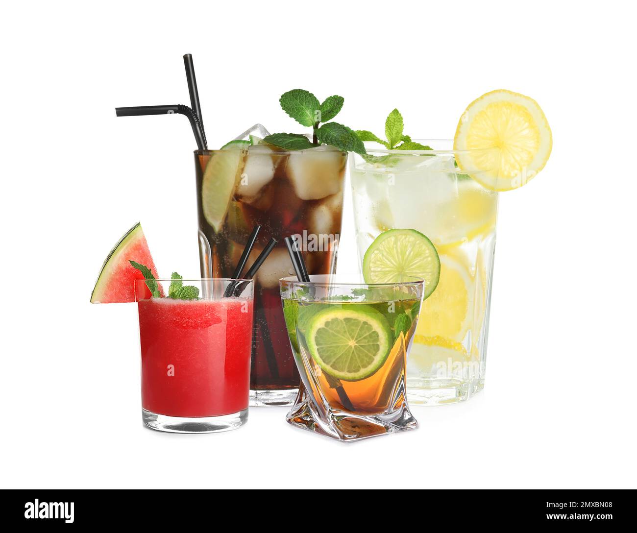 Set of different soft and strong refreshing drinks on white background ...