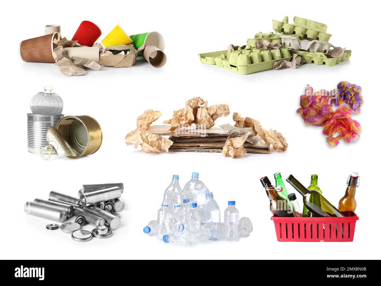 Set of piles with different garbage on white background. Waste ...