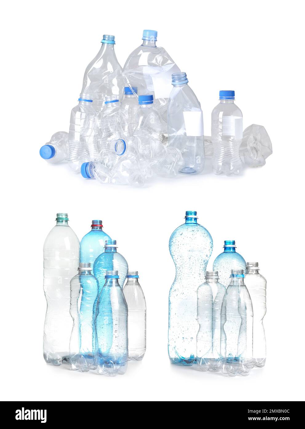Set of empty plastic bottles on white background. Waste management and ...