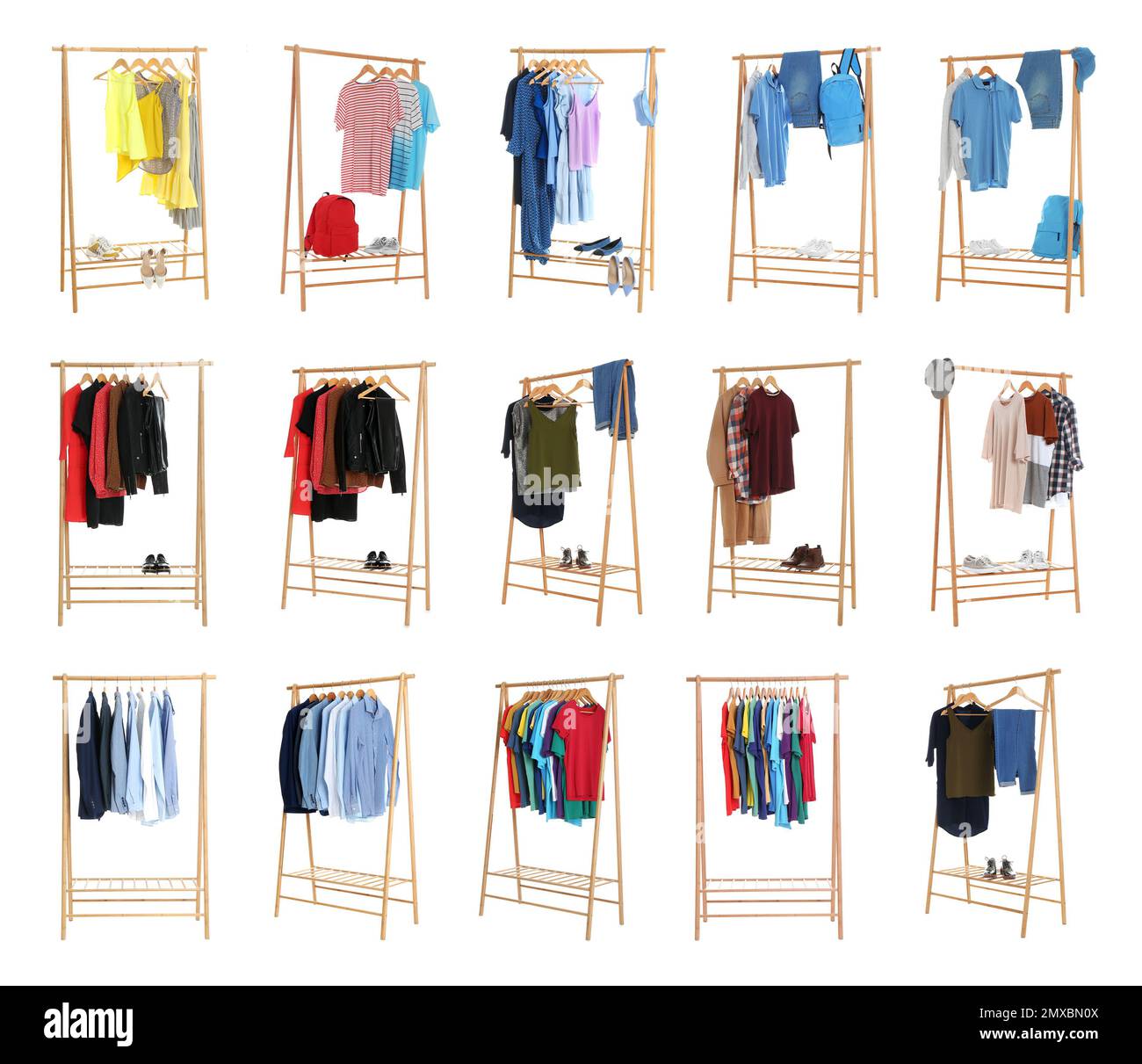 Set of wardrobe racks with different clothes on white background Stock ...