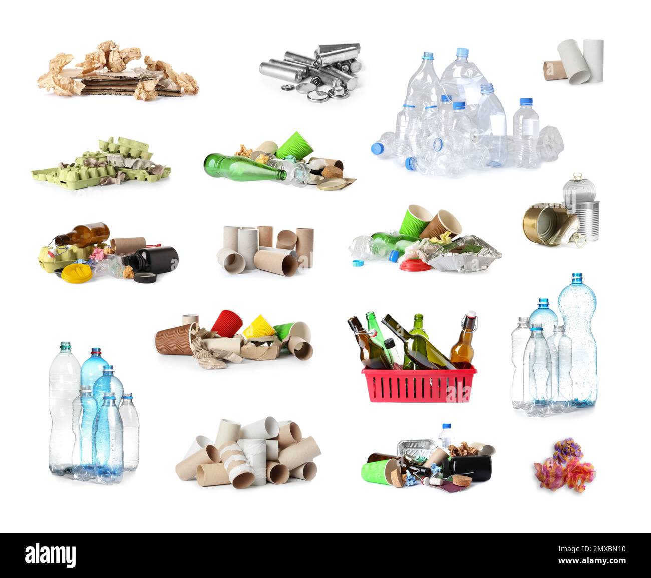 Set of piles with different garbage on white background. Waste ...