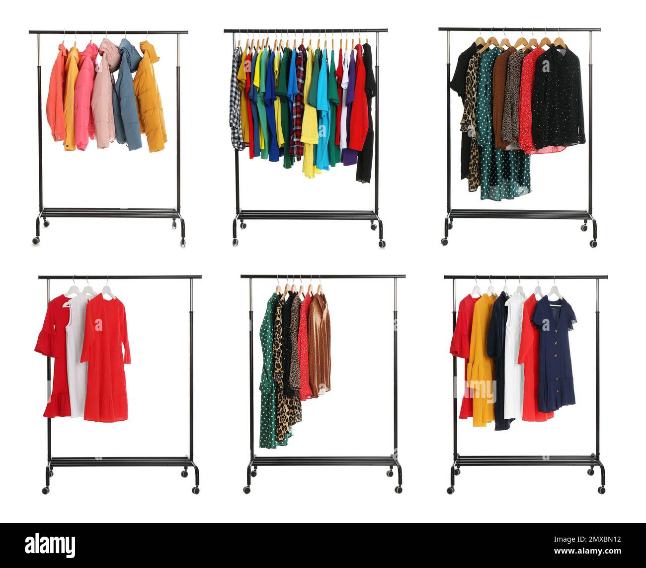 Set of wardrobe racks with different clothes on white background Stock ...
