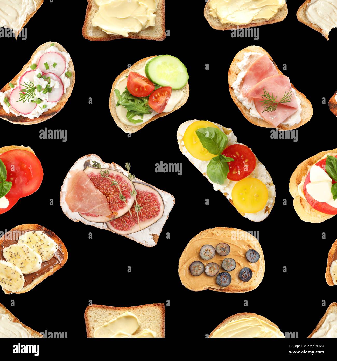 Set of delicious toasted bread with different toppings on black ...