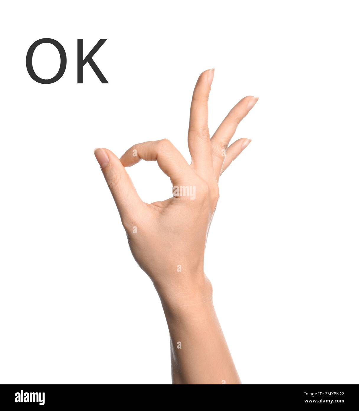 Woman showing OK on white background, closeup. American sign language ...