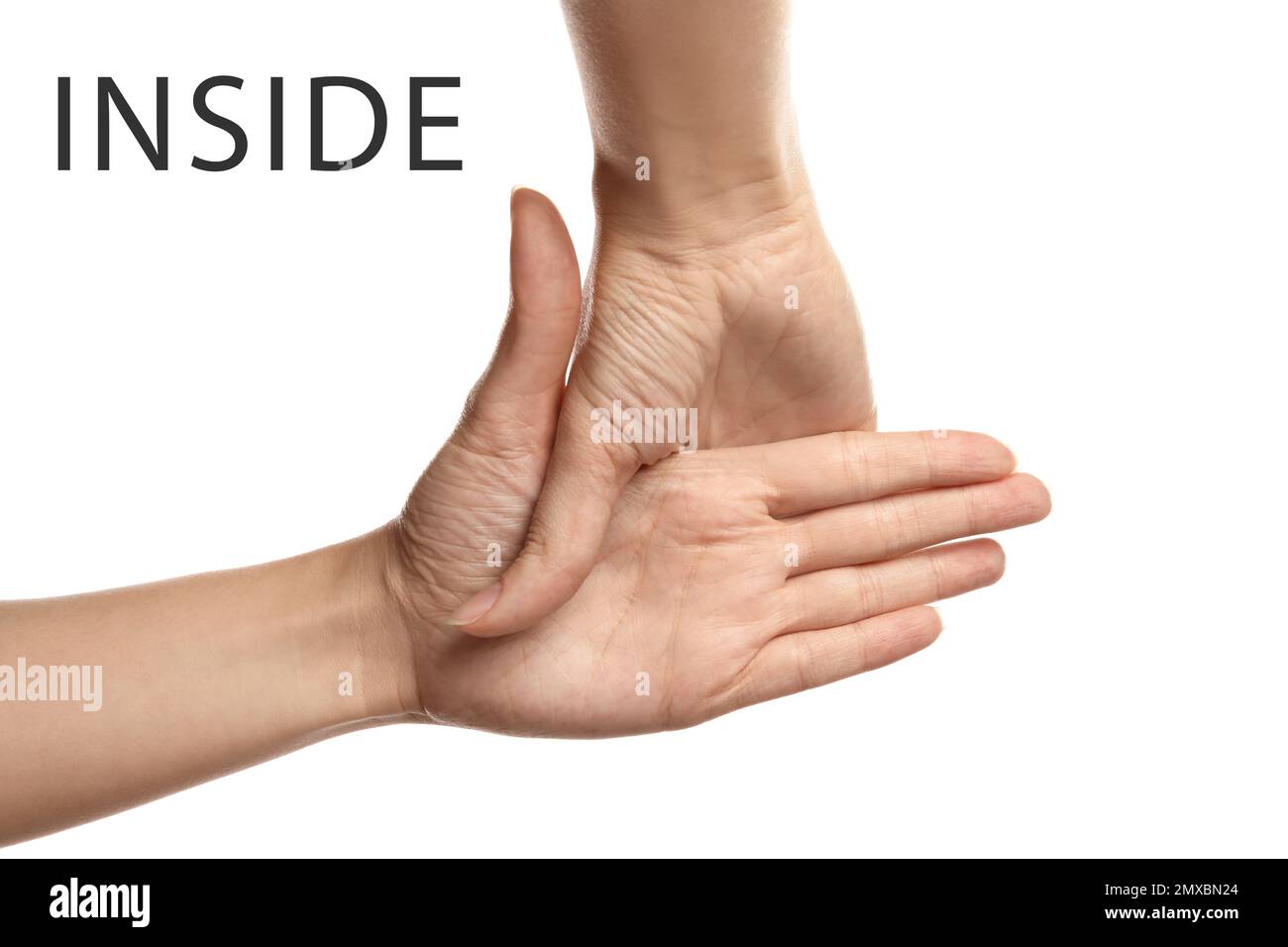 Woman showing word Inside on white background, closeup. American sign ...