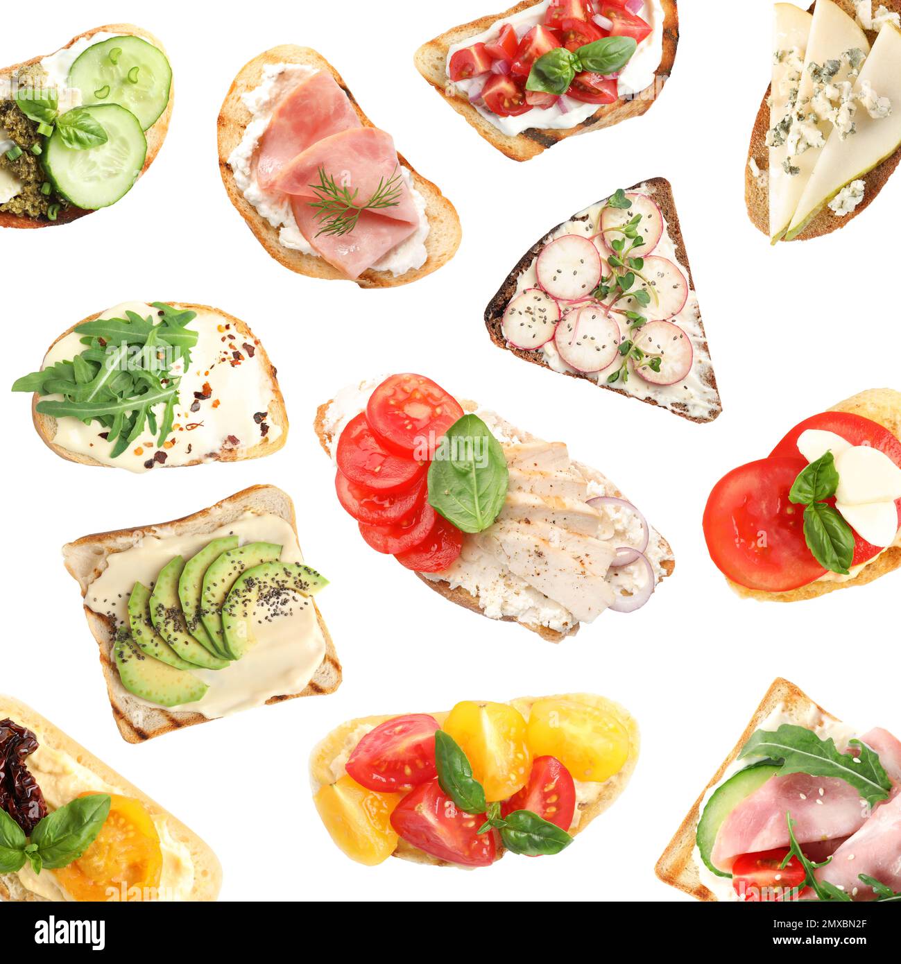 Set of delicious toasted bread with different toppings on white ...