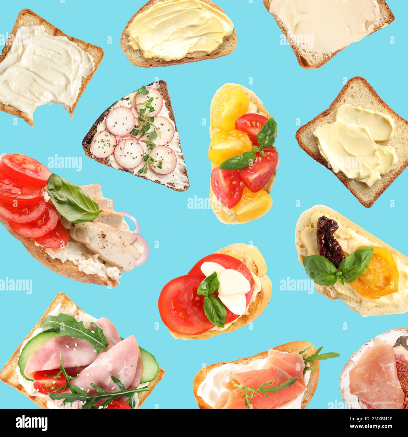 Set of delicious toasted bread with different toppings on blue ...