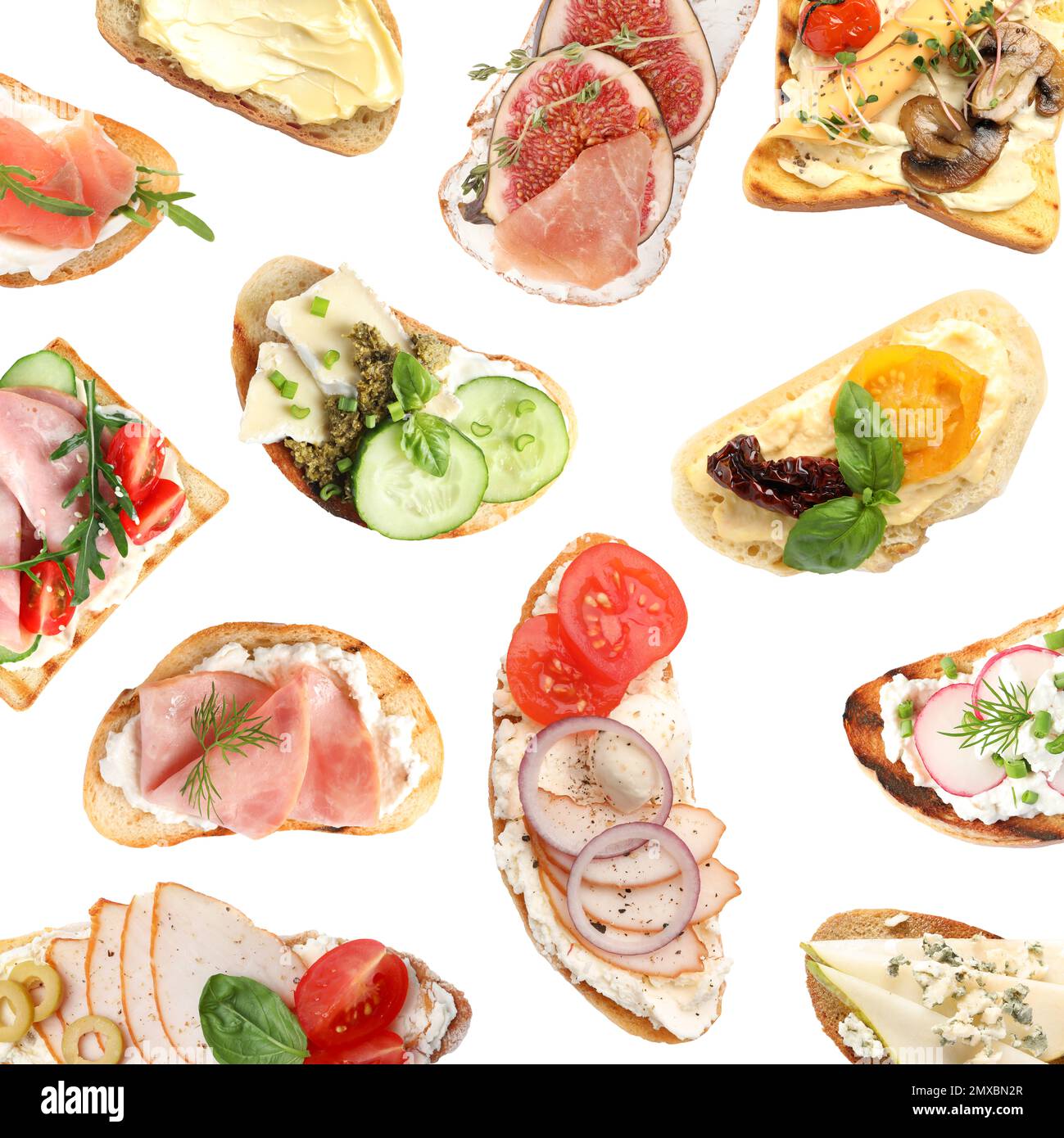 Set of delicious toasted bread with different toppings on white ...