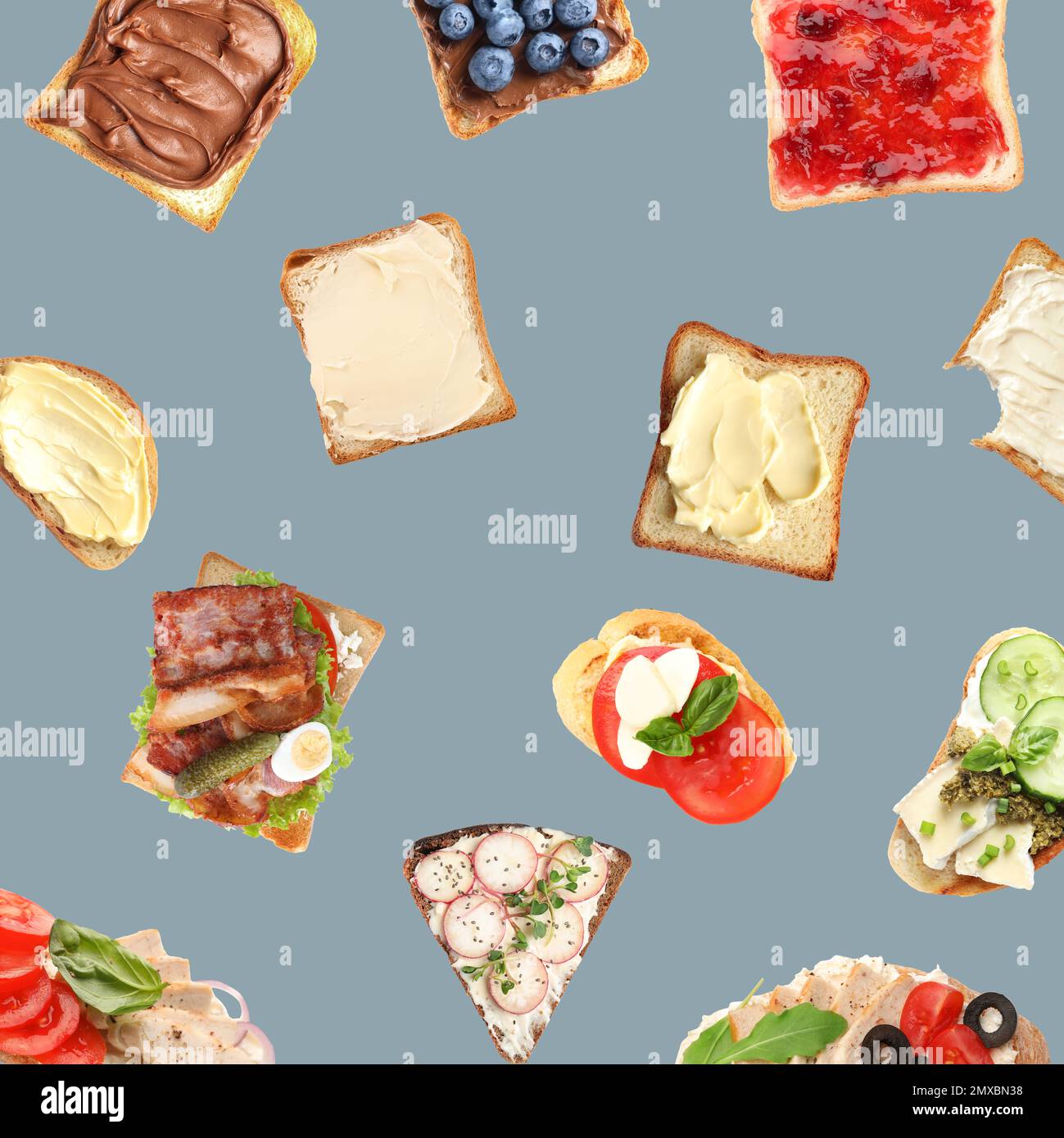 Set of delicious toasted bread with different toppings on grey ...