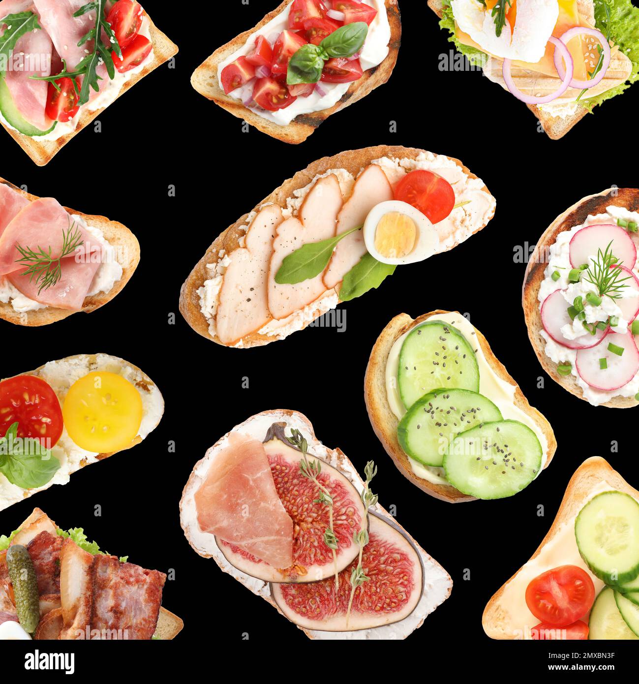 Set of delicious toasted bread with different toppings on black ...