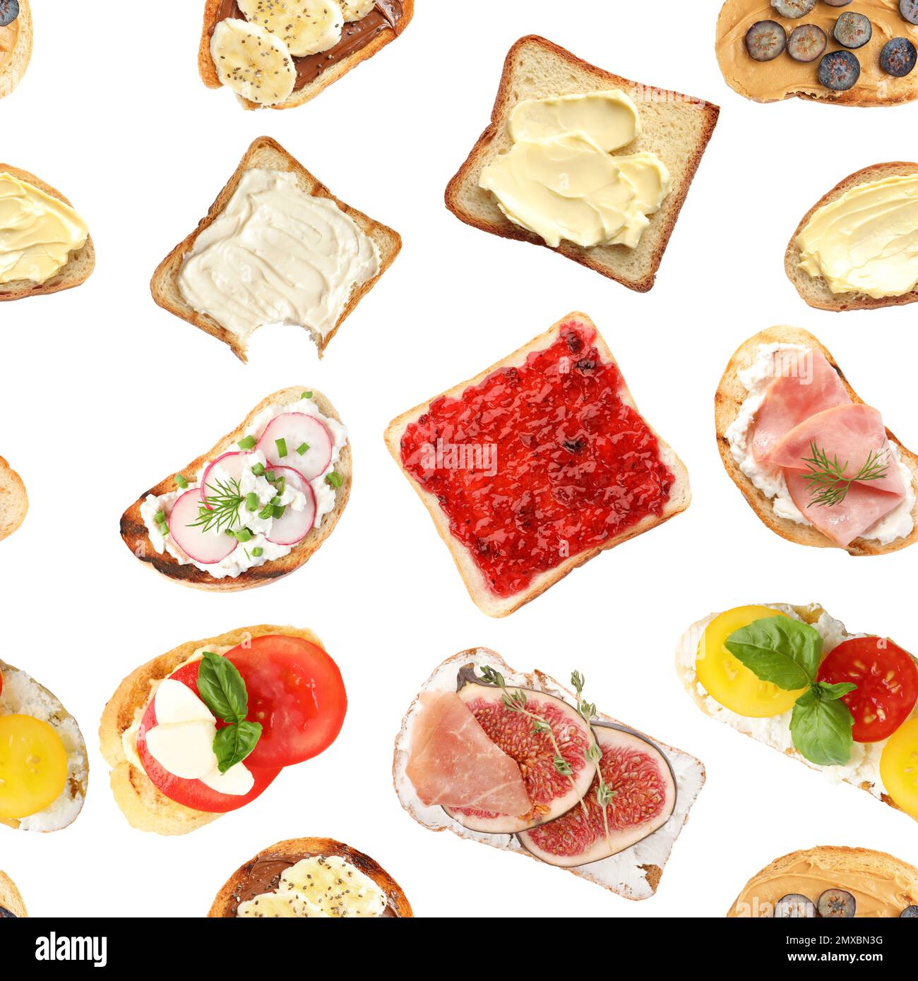 Set of delicious toasted bread with different toppings on white ...