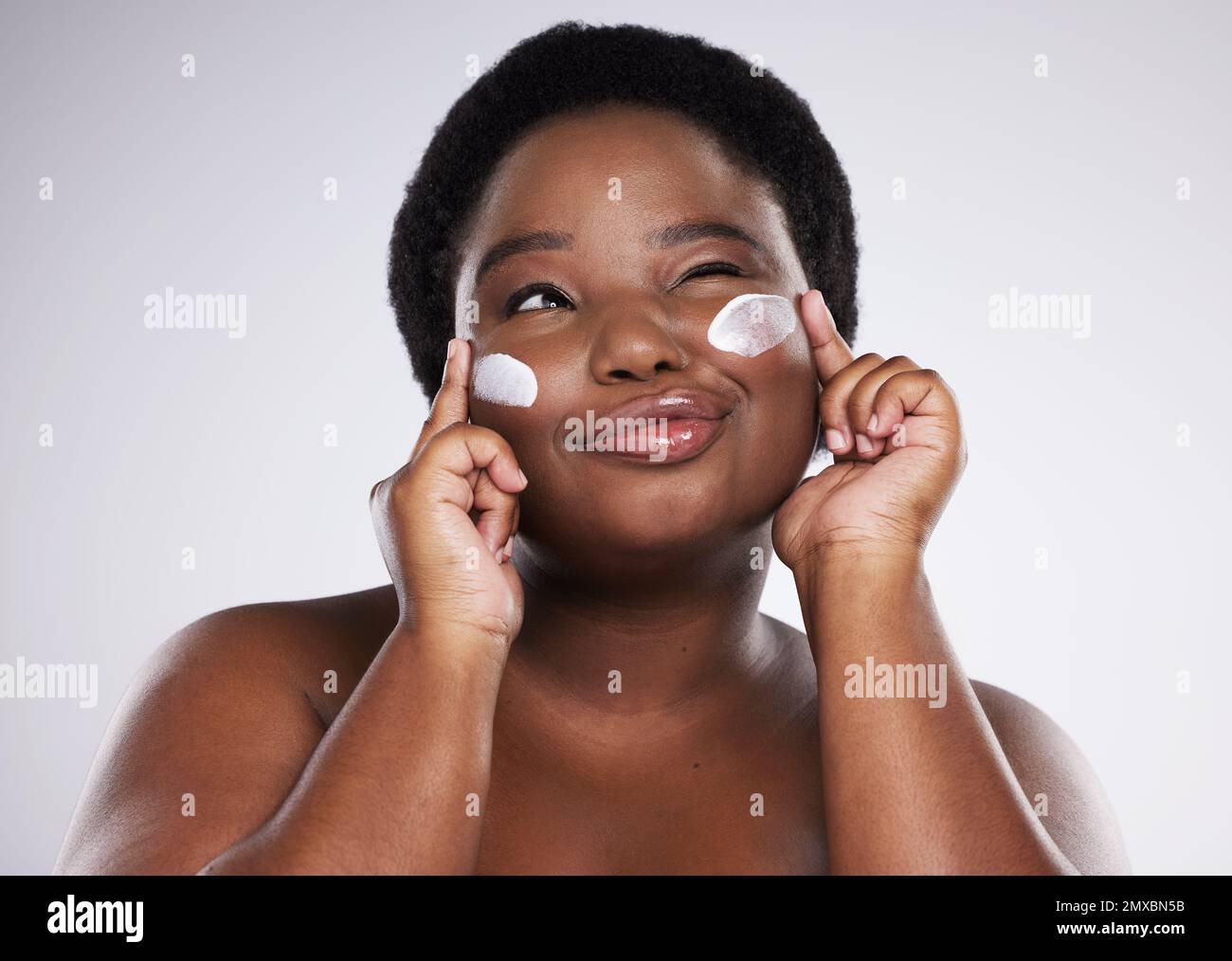 Cream, thinking and beauty black woman isolated on a white background ...