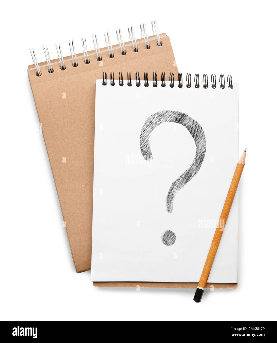 Stylish notebook with question mark and pencil on white background, top ...