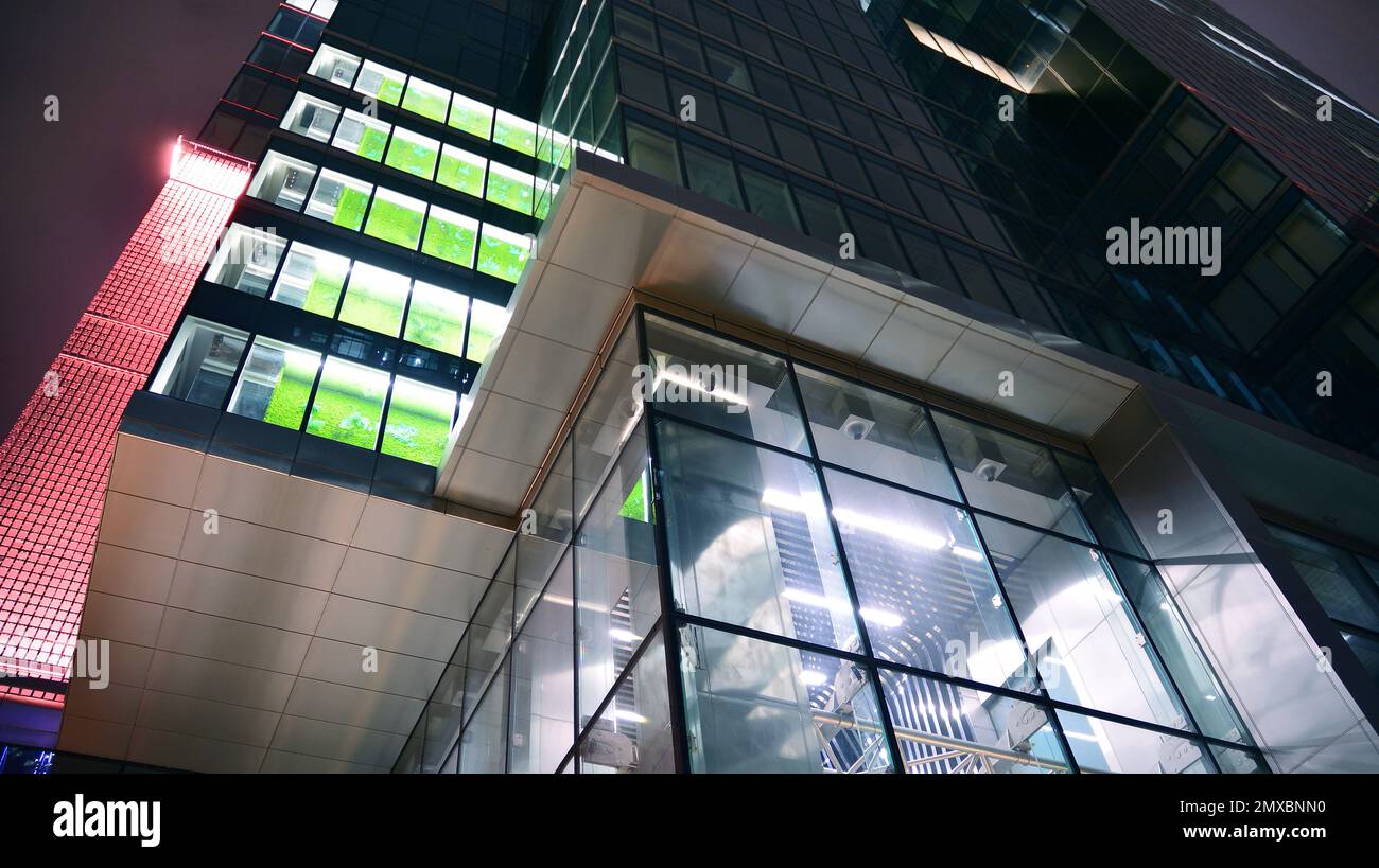 Amazing night cityscape. Office building at night, building facade with ...