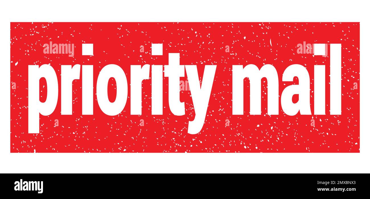 priority mail text written on red grungy stamp sign Stock Photo - Alamy