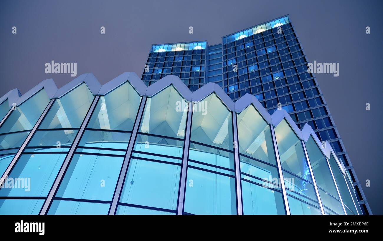 Amazing night cityscape. Office building at night, building facade with ...