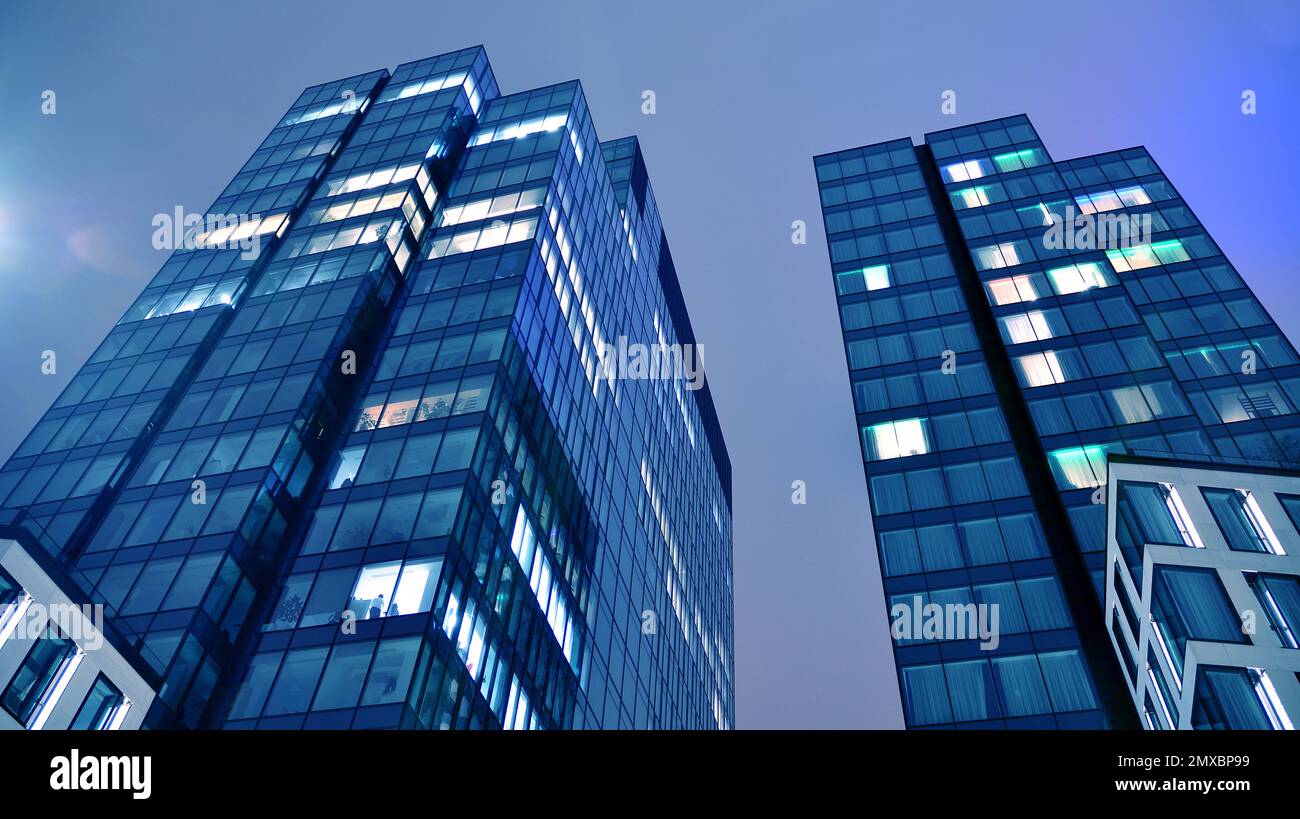 Amazing night cityscape. Office building at night, building facade with ...