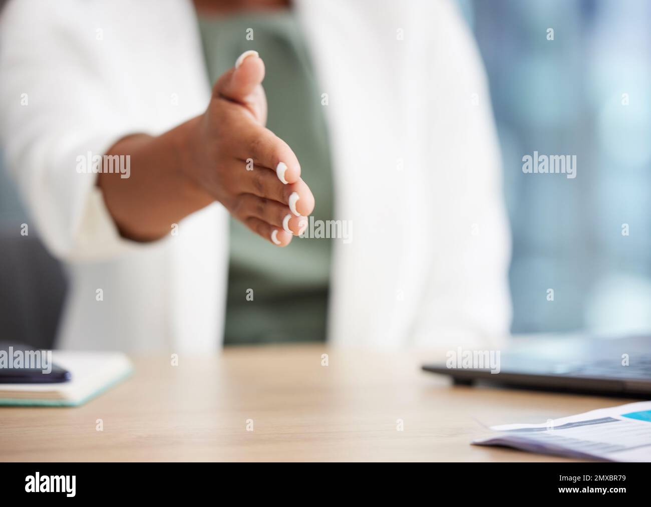 Business woman with a handshake gesture in her office for welcome ...