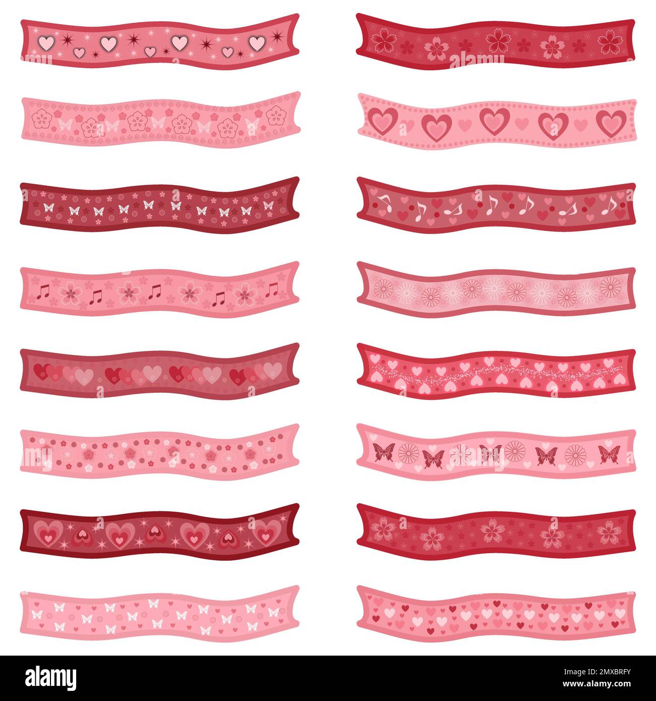 Set of pink and red holiday ribbons, banners with romantic patterns ...